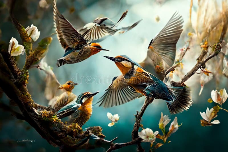Birds Taking Flight in Spring, Visual Concept Stock Illustration ...