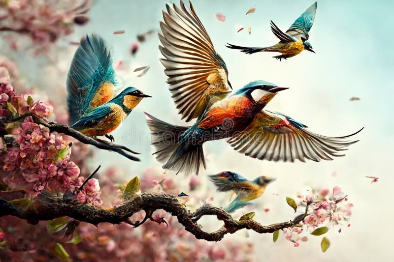 Birds Taking Flight in Spring, Visual Concept Stock Illustration ...