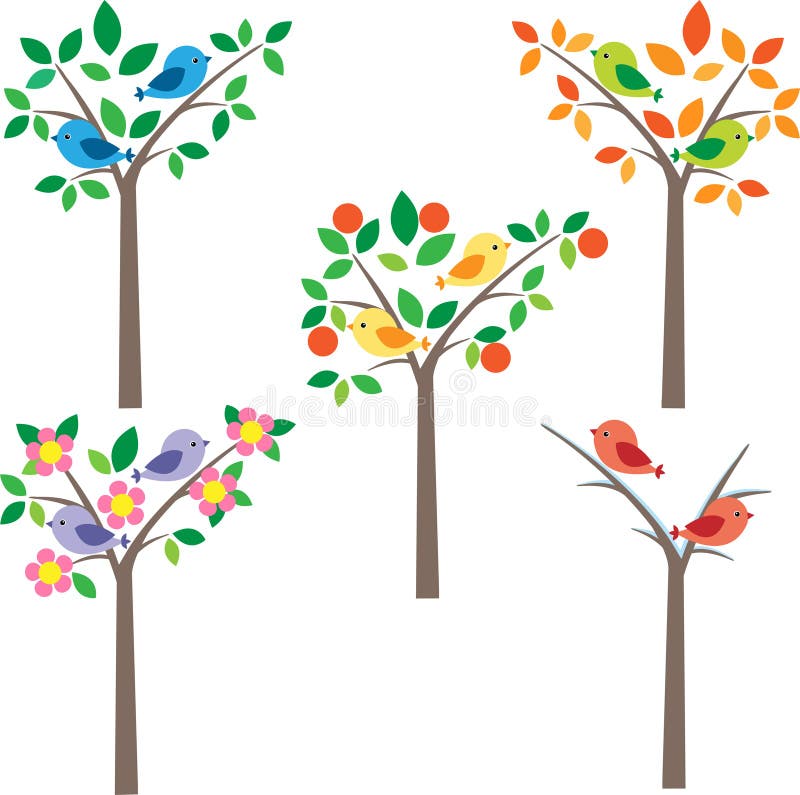 Blooming Tree and Branches with Owls and Birds Stock Vector ...