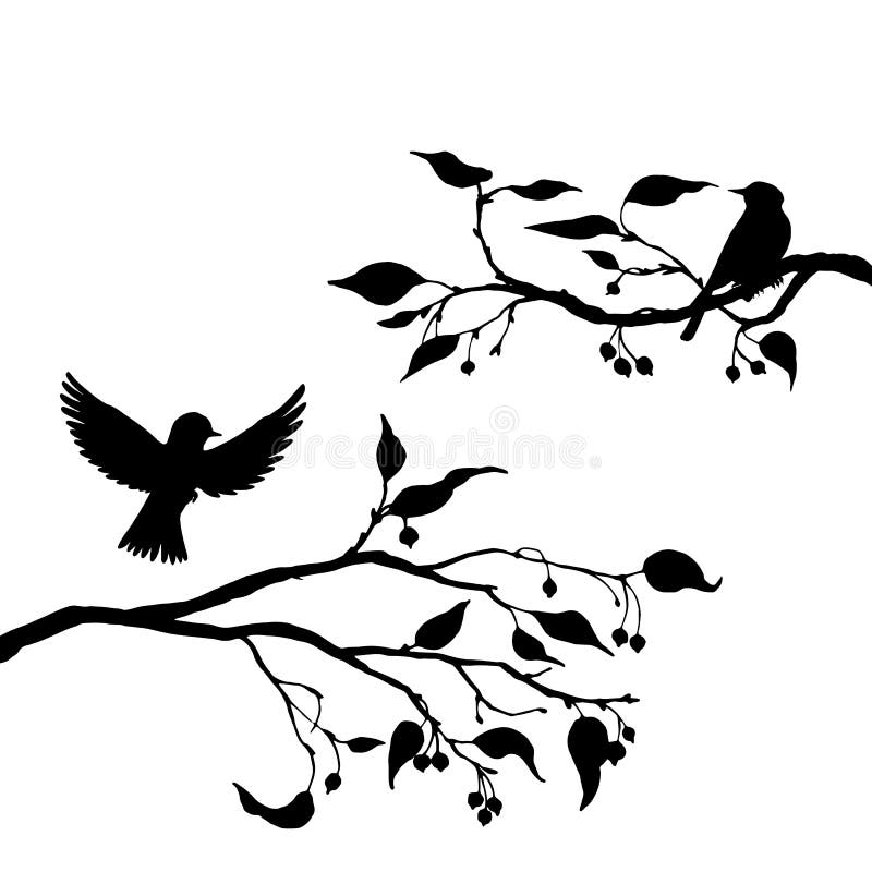 Birds at tree silhouettes stock vector. Illustration of flying - 79410639
