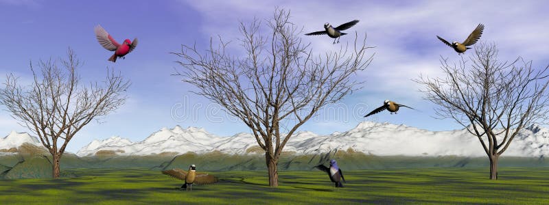 Birds and Trees and Mountain Stock Illustration - Illustration of ...