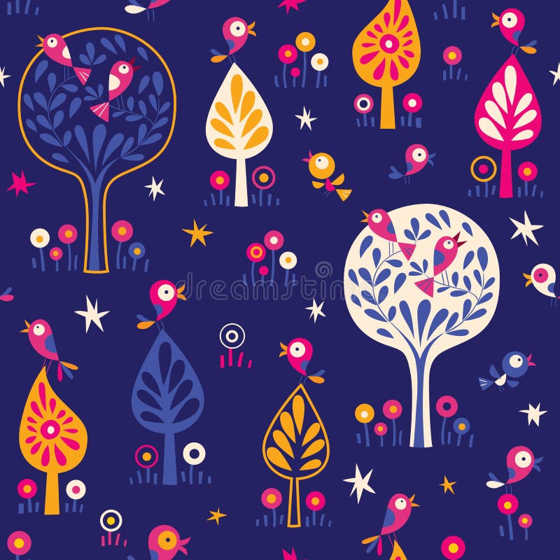 Birds in the Trees Cartoon Nature Forest Retro Seamless Pattern Stock ...