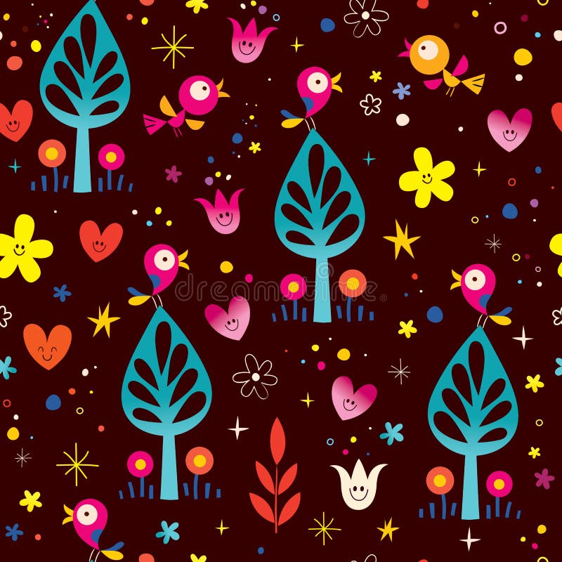 Birds in the Trees Cartoon Nature Forest Retro Seamless Pattern Stock ...