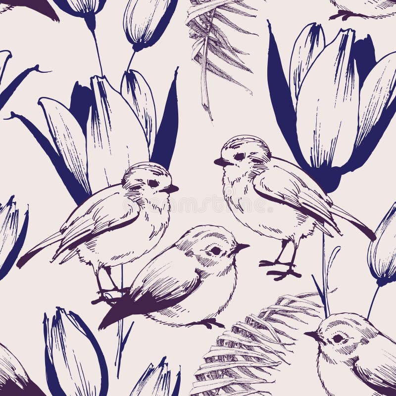 Birds and Tulip Flowers Cute Spring Seamless Pattern Stock Vector ...