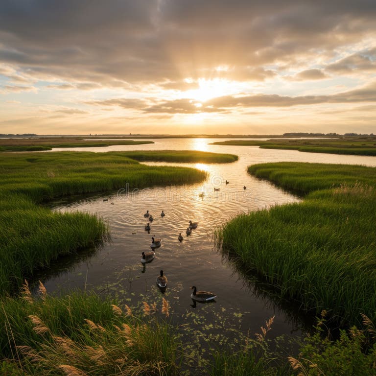 Birds on a Wetland at Sunset Stock Illustration - Illustration of light ...