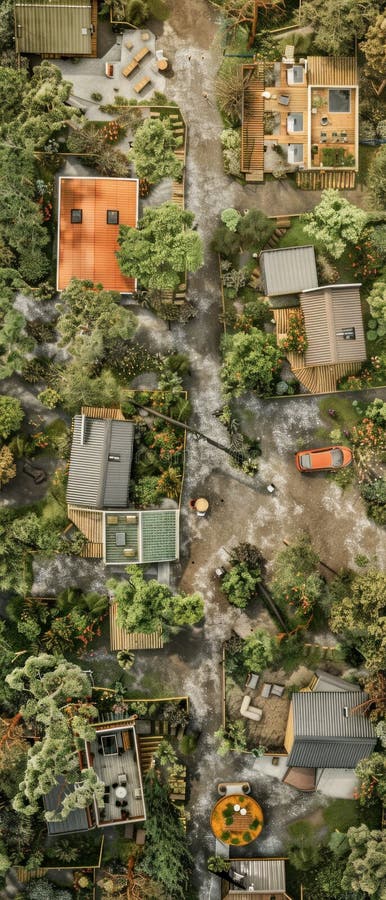 A Birdseye View of a Tiny House Compound, Blending into a Rewilded ...