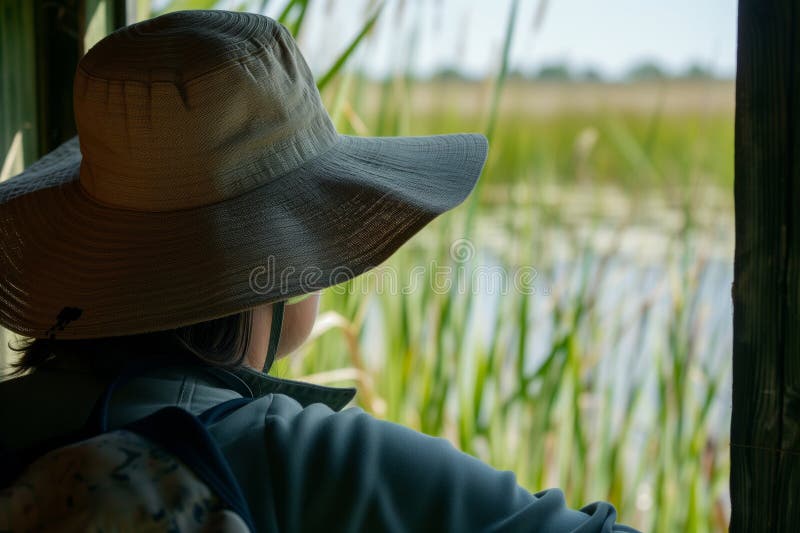 Birdwatcher with a Sun Hat Observing Wetland Birds from a Hide Stock ...