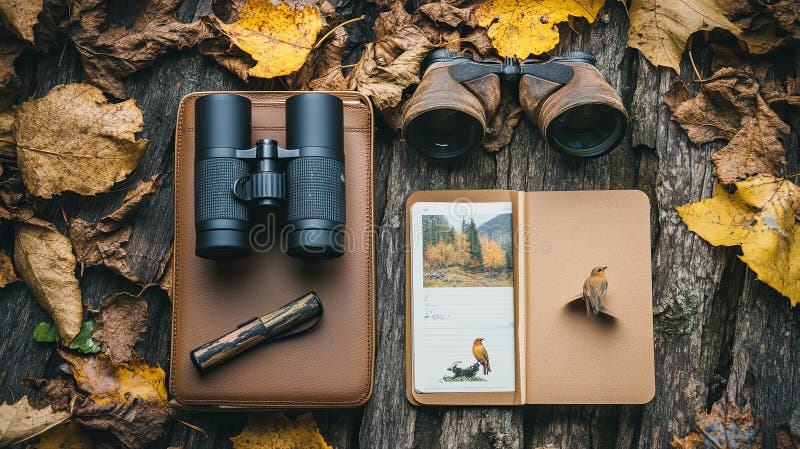 A Birdwatching Kit with Binoculars, a Field Guide, and a Notebook Stock ...