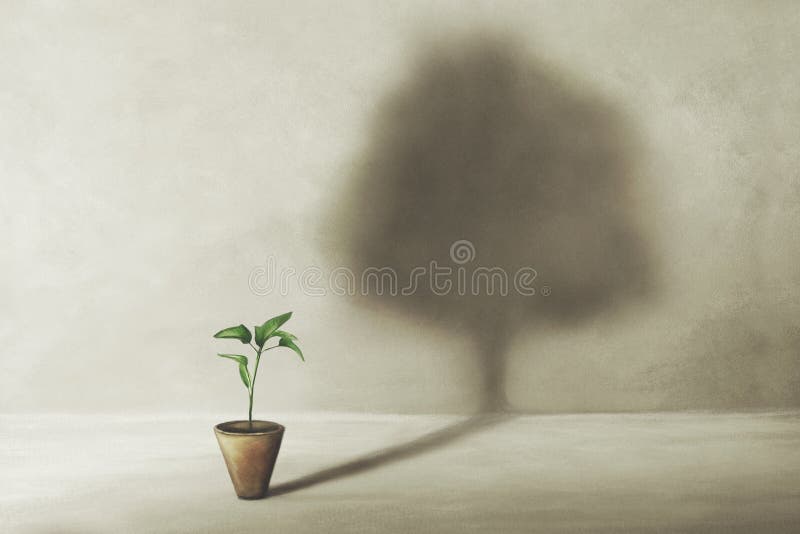 Birth of a Small Plant with Surreal Shadow of a Large Tree, Concept of ...
