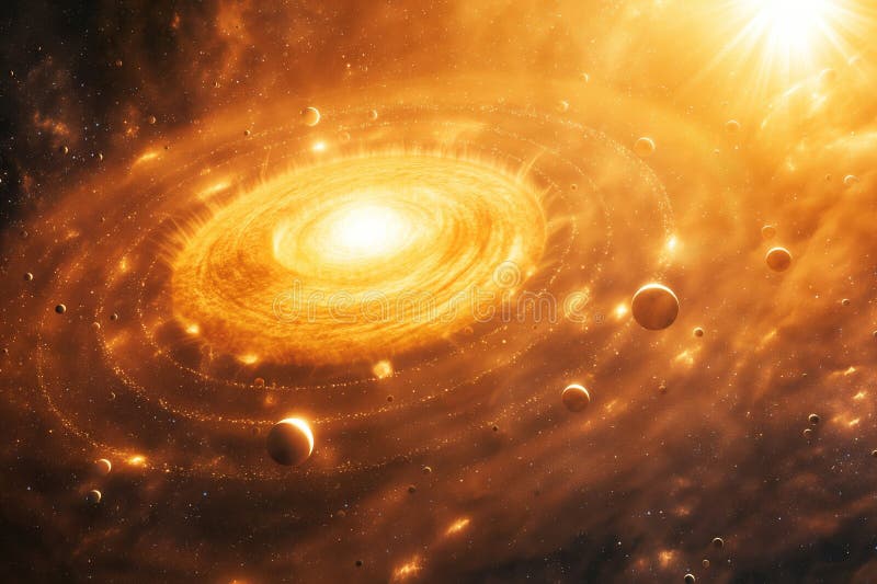 Birth of the Solar System in Golden Nebula Stock Illustration ...