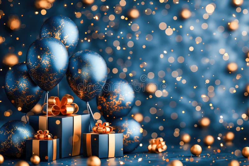 Birthday Backdrop with Balloons, Gift Boxes and Confetti Stock ...