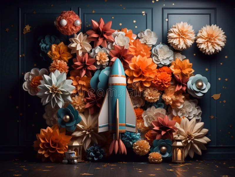 Birthday Backdrop with Space Props, Rocket Ship in the Background Stock ...