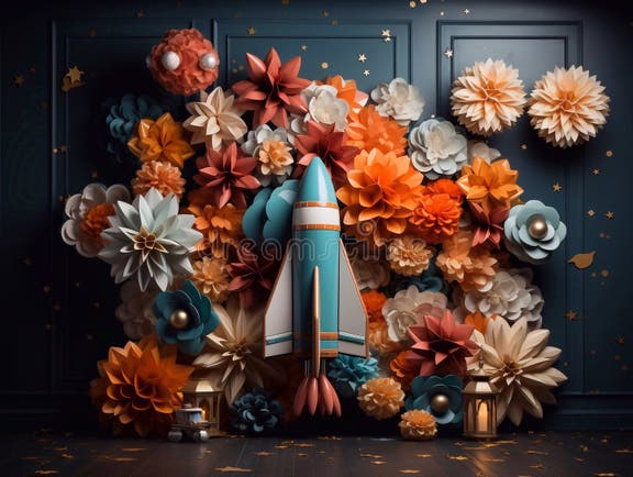 Birthday Backdrop with Space Props, Rocket Ship in the Background Stock ...