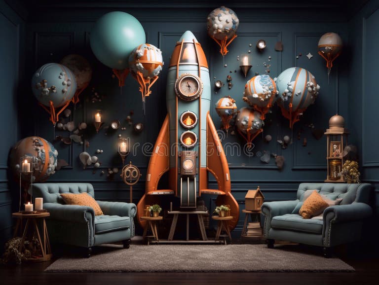 Birthday Backdrop with Space Props, Rocket Ship in the Background Stock ...