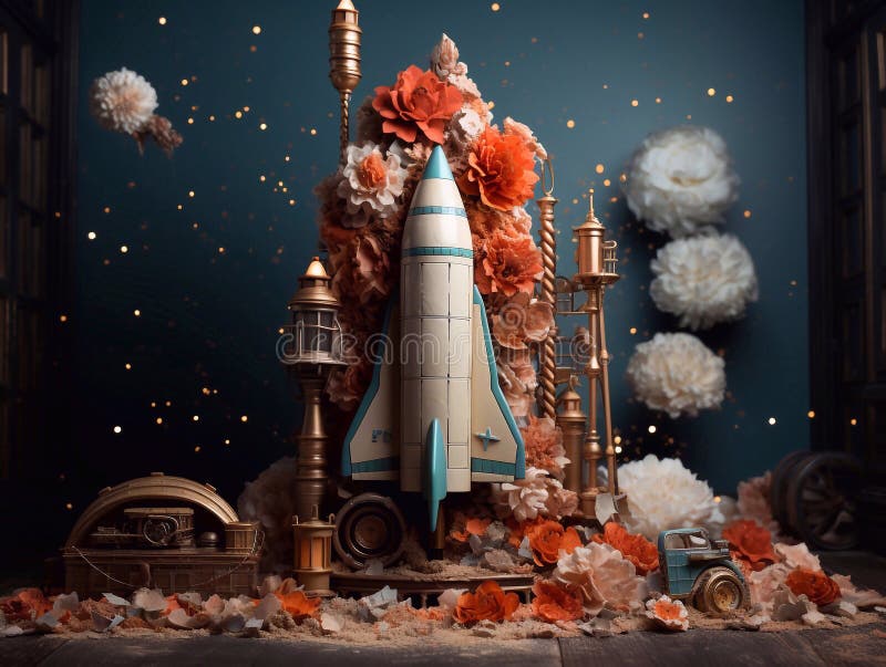 Birthday Backdrop with Space Props, Rocket Ship in the Background Stock ...
