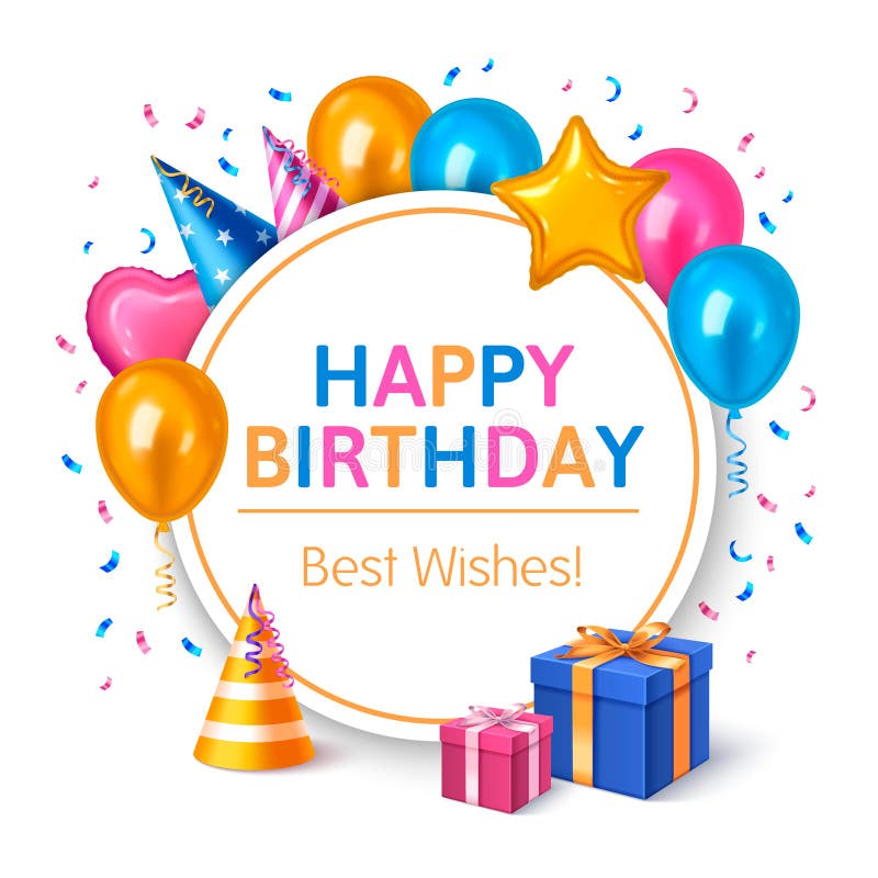 Birthday Background with Realistic Elements and Round Frame Stock ...