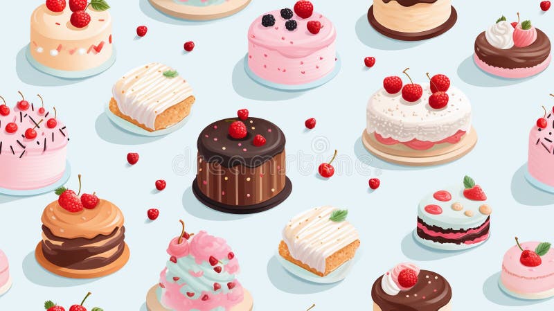 Birthday Background with Seamless Pattern of Different Cake Types Stock ...