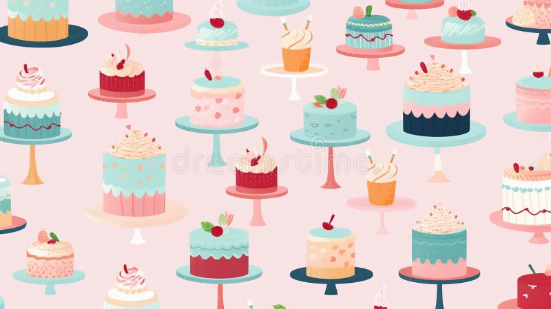 Birthday Background with Seamless Pattern of Different Cake Types Stock ...