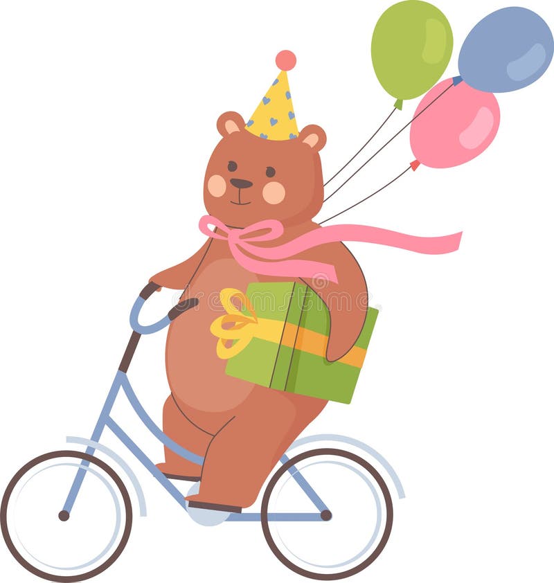 Birthday Bear on Bicycle with Gift Stock Vector - Illustration of ...