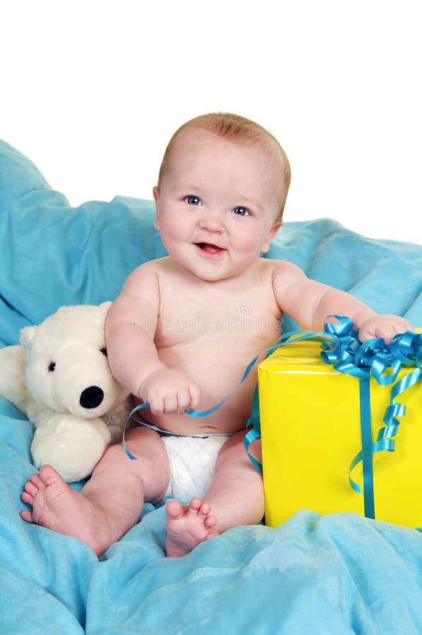 Baby Boy in Diaper with Big Puzzle Gift Box Stock Photo - Image of life ...