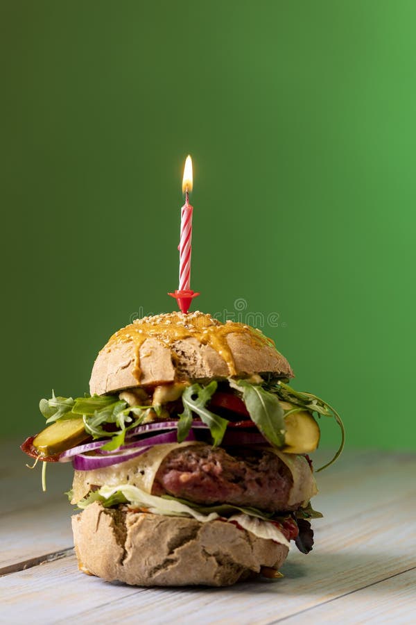 Birthday burger stock image. Image of meat, brioche - 176368835