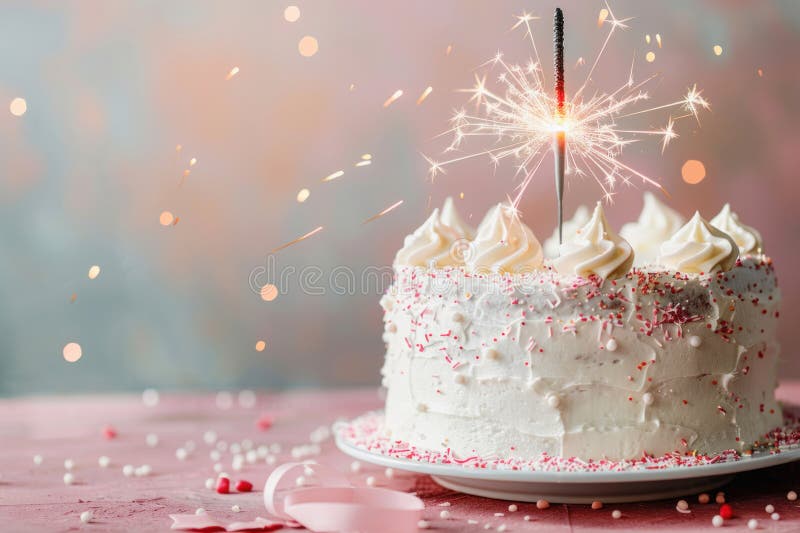 A Birthday Cake is Beautifully Decorated with a Sparkler Glowing on Its ...