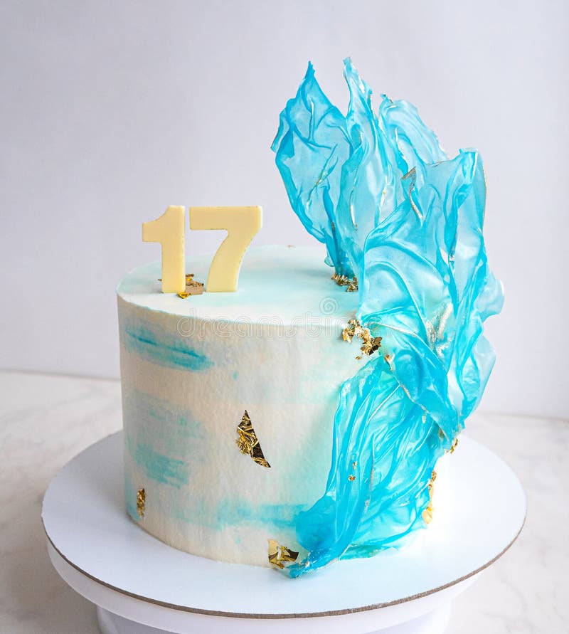 Birthday Cake with Blue Rice Paper Decor Stock Image - Image of married ...