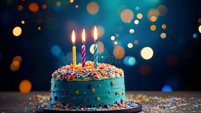 Birthday Cake With Candles Balloons And Confetti On Blue Background