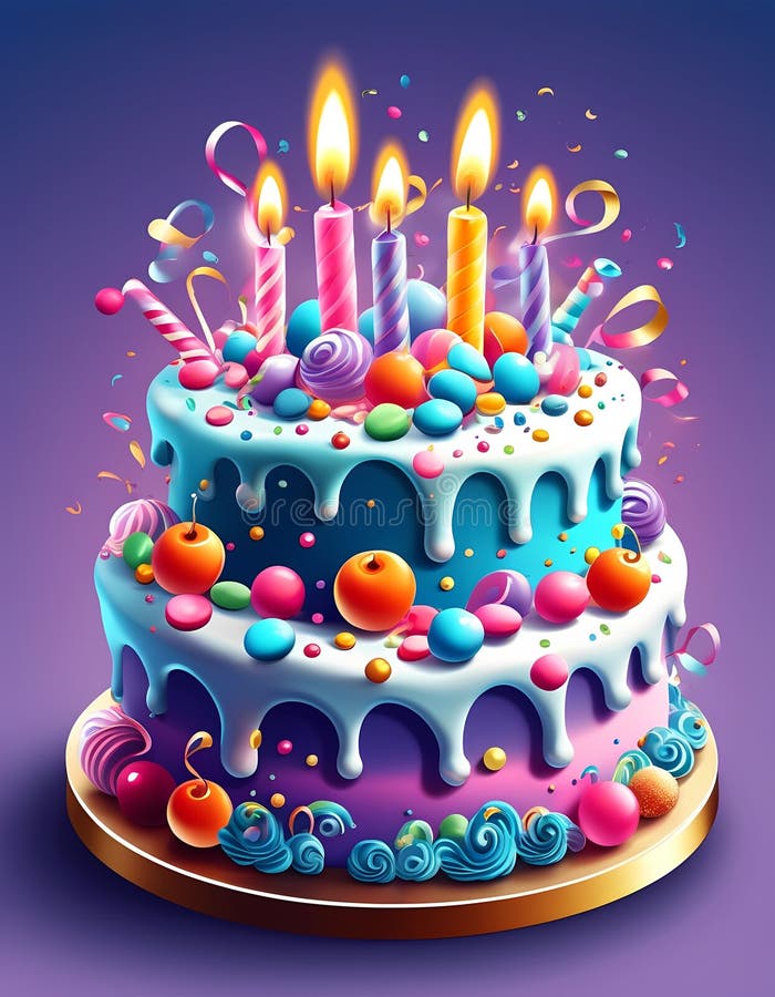 Birthday Cake with Burning Candles and Candies, Illustration Stock ...