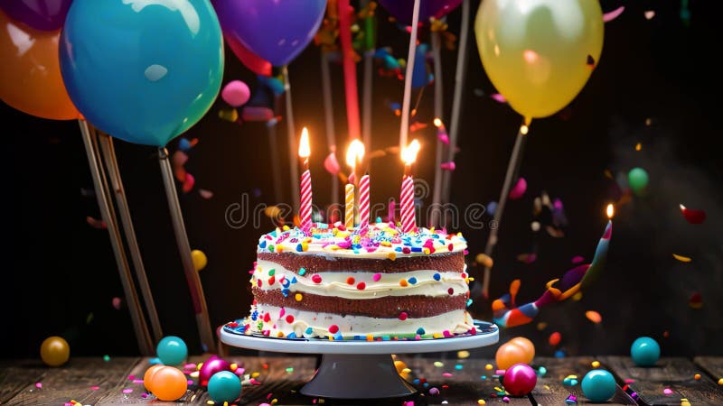 Birthday Cake With Burning Candles And Colorful Balloons On Wooden