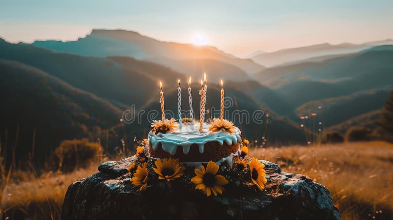 Birthday Cake with Burning Candles and Sun Setting Over Mountain Range ...