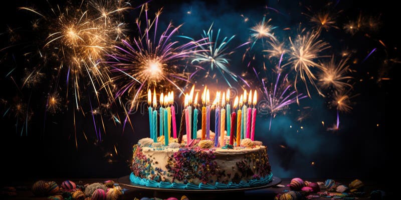 Birthday Cake with Candles and Fireworks -, Concept of Celebration ...