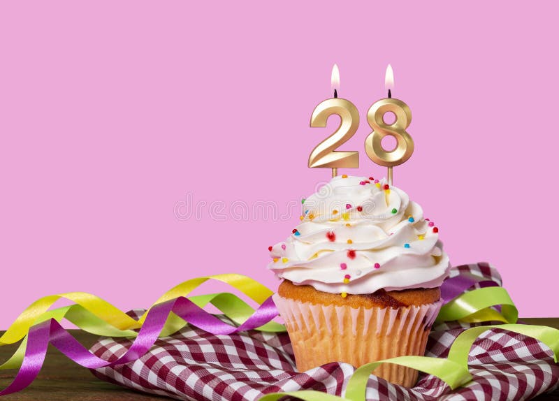 Birthday Cake With Candles Lit Forming The Number 28 Stock