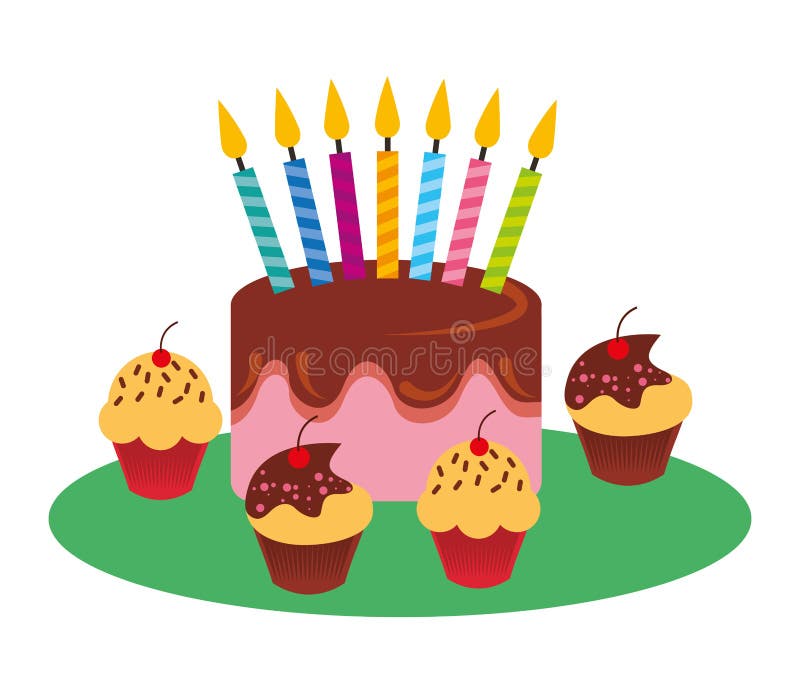 Birthday Cake With Candles Sweet Cupcakes Stock Illustration