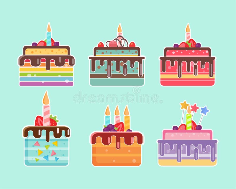 Birthday Cake Collection, Delicious Cakes Set, Vector Icon Stock ...
