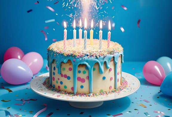 A Birthday Cake with Confetti Raining Down and Balloons on the Table ...