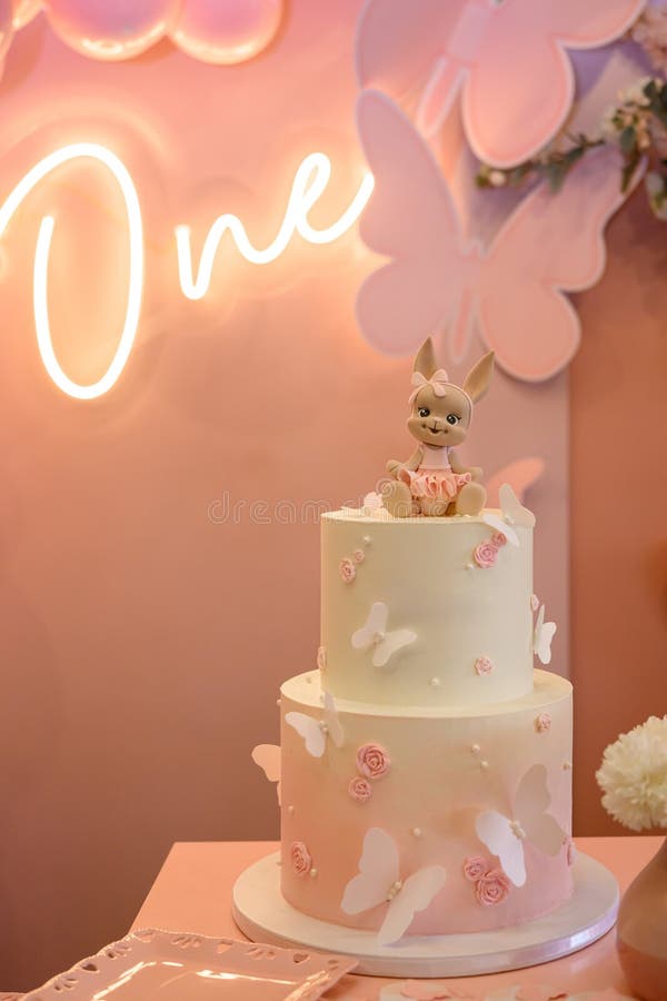 A Birthday Cake for the First Birthday with a Figure of a Rabbit and ...
