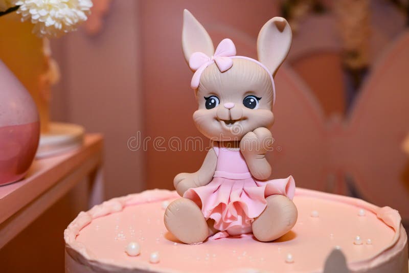 Birthday Cake First Figure Rabbit Decorations Butterflies Stock Photos ...