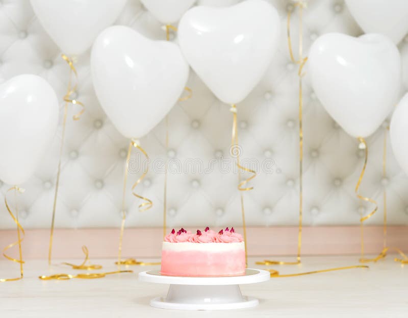 Birthday Cake and Hear Shaped Balloons Close Up Stock Photo - Image of ...