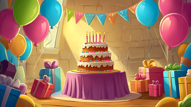 Birthday Cake Illustration: Festive Party Scene Stock Photo - Image of ...