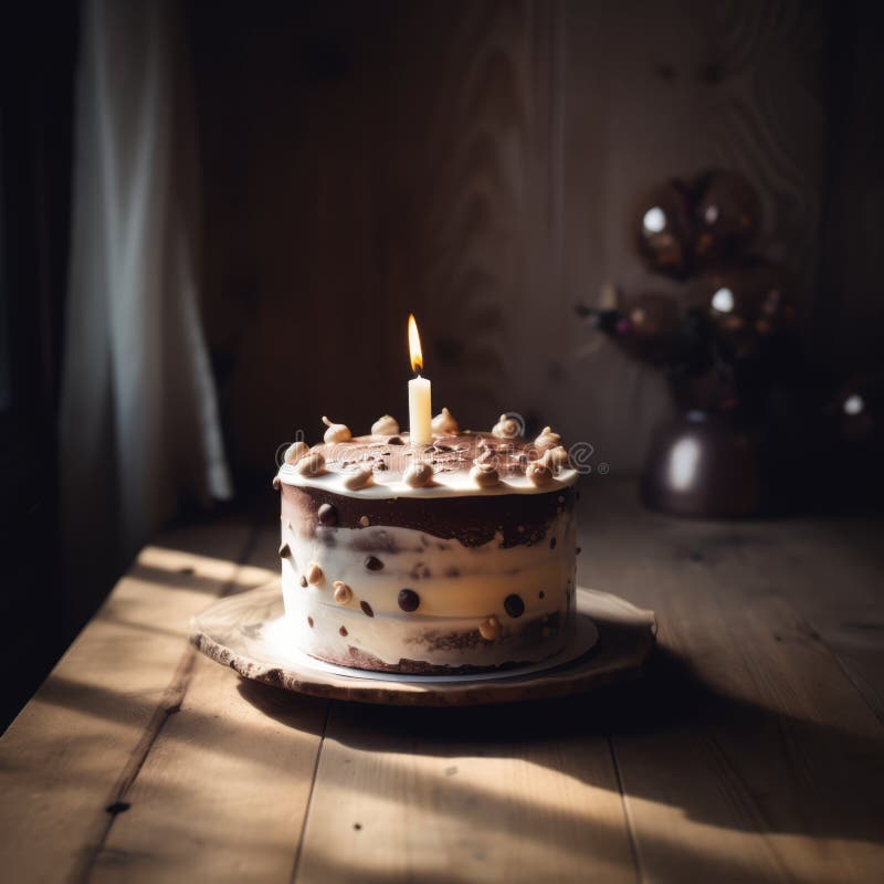 Birthday Cake with Lit Candle on Table, Created Using Generative Ai ...