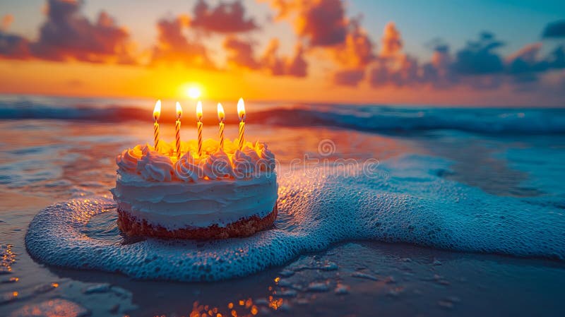 A Birthday Cake with Lit Candles Sitting on the Beach at Sunset Stock ...
