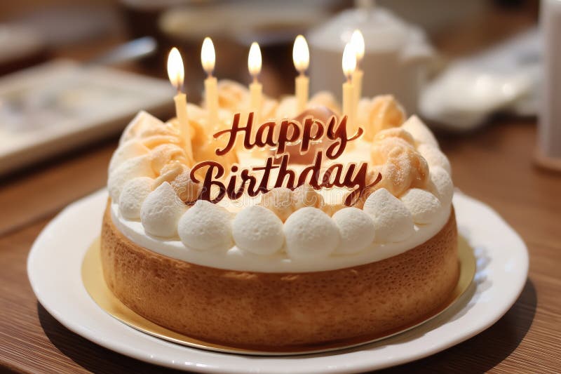 Birthday Cake with Lit Candles Spelling Happy Birthday on a White Plate ...