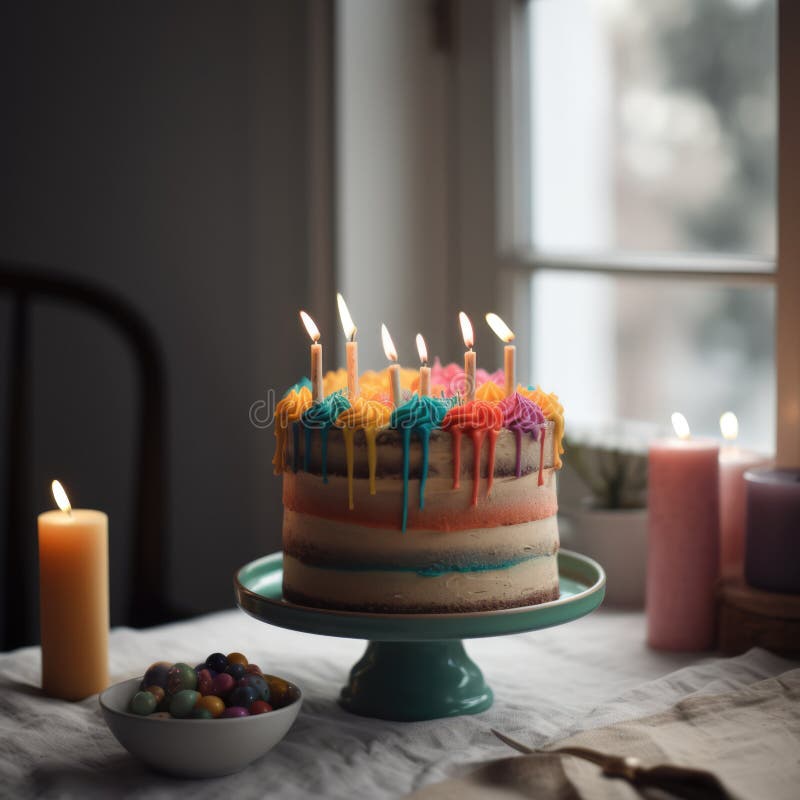 Birthday Cake with Lit Candles on Table, Created Using Generative Ai ...