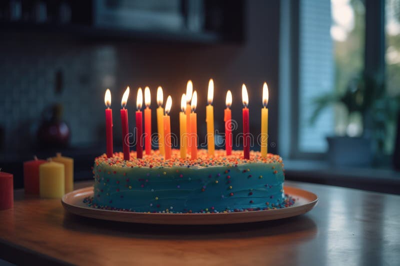 Birthday Cake With Lit Candles On Table Created Using Generative Ai