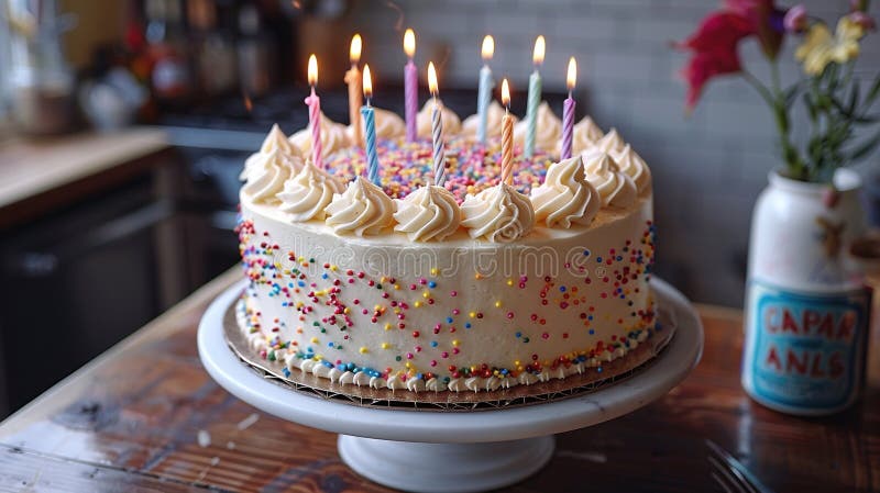 A Birthday Cake With Lit Candles On Top Stock Illustration