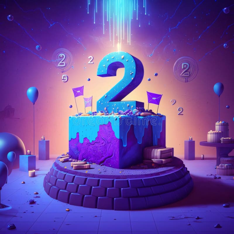 Birthday Cake with Number 2, 3d Render, Blue Background Stock ...