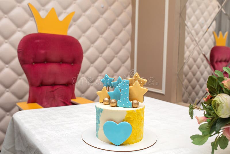 Birthday Cake Number 1 Year in Yellow and Blue Colors. Asterisks Stock ...