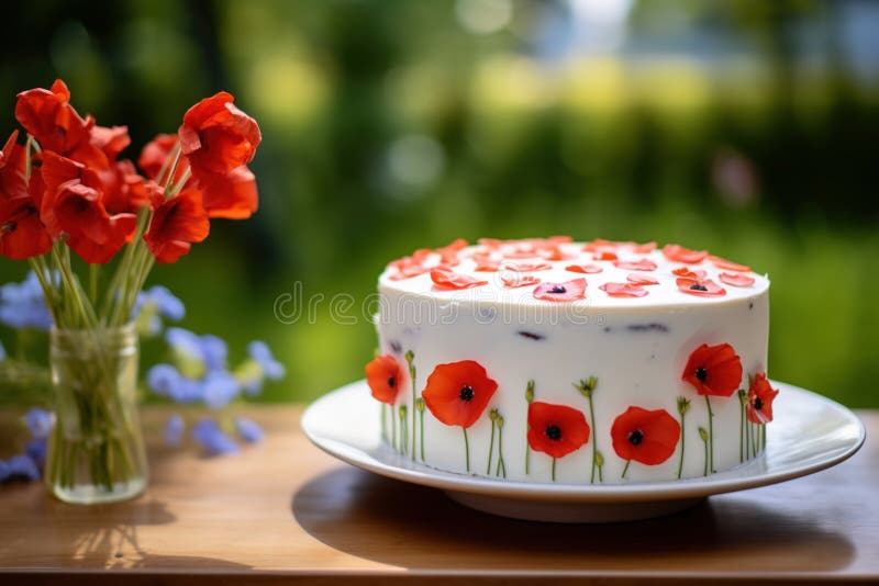 Birthday Cake Sitting on a Table, Surrounded by Poppies Stock ...