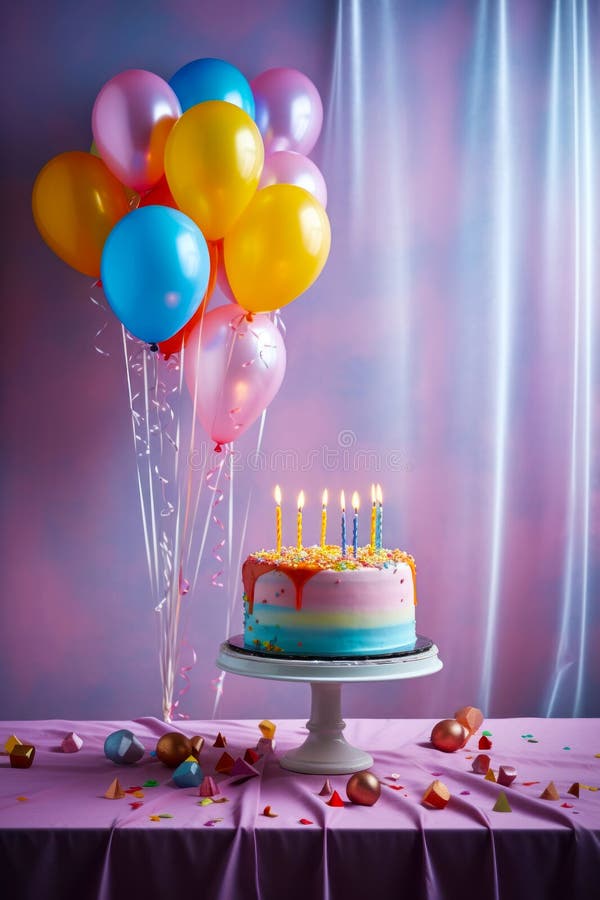 Birthday Cake Sitting on Top of Table with Balloons in the Air ...